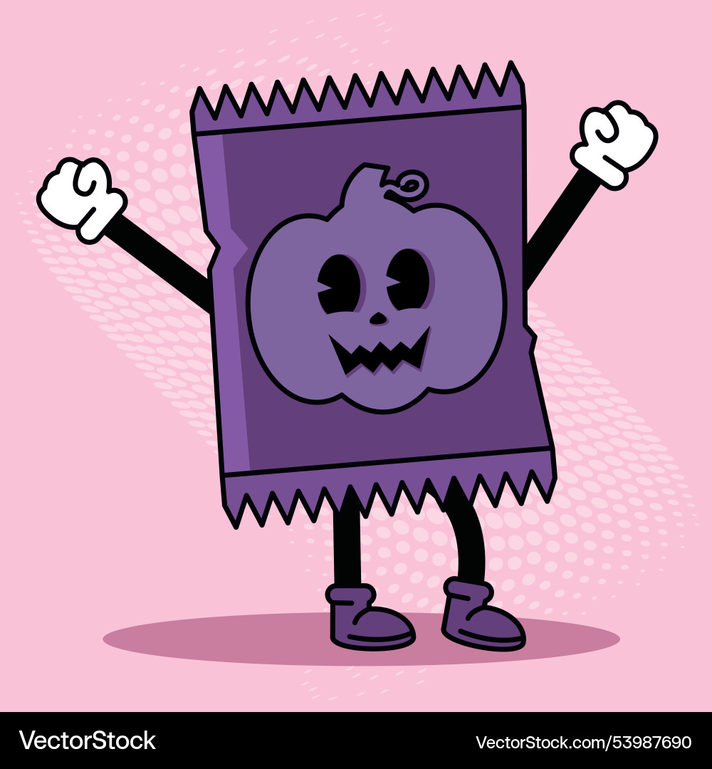 Candy wrapper character raising arms in excitement