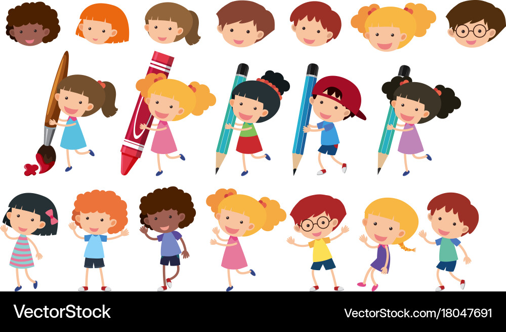 Happy children with different writing tools Vector Image