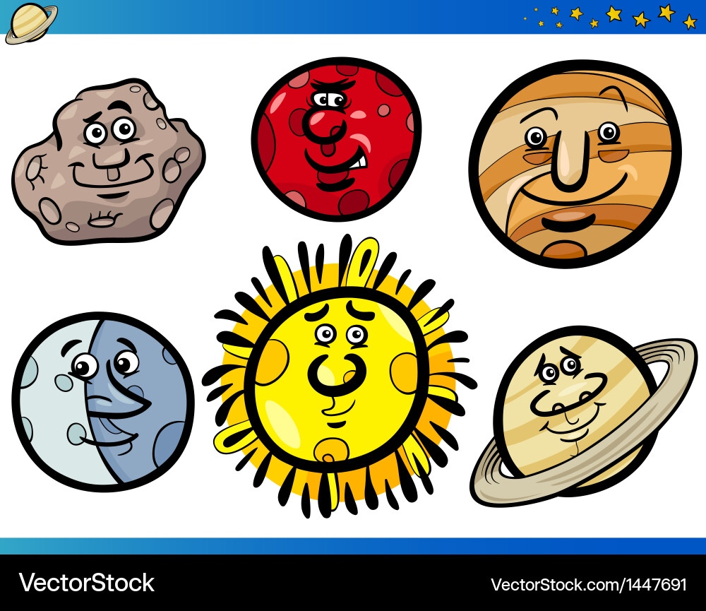 Planets and orbs cartoon characters set Royalty Free Vector