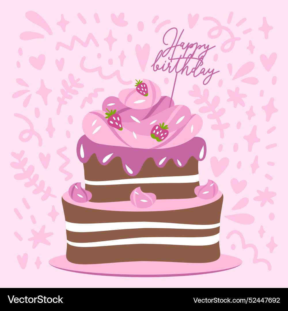 Hand drawn birthday cake with topper Royalty Free Vector