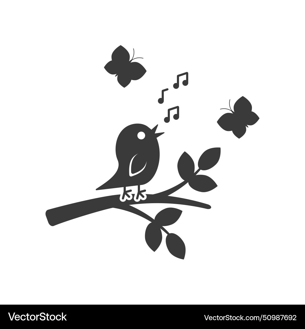 Singing bird on a tree with butterflies glyph icon