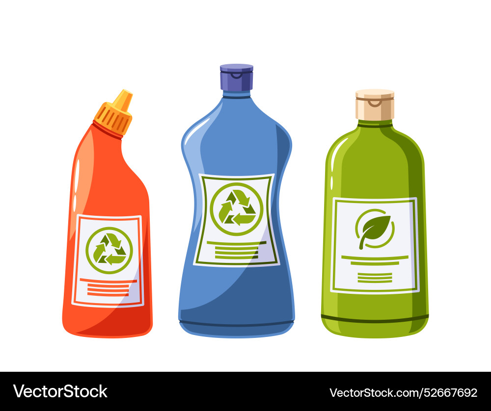 Three eco-friendly cleaning product bottles Vector Image