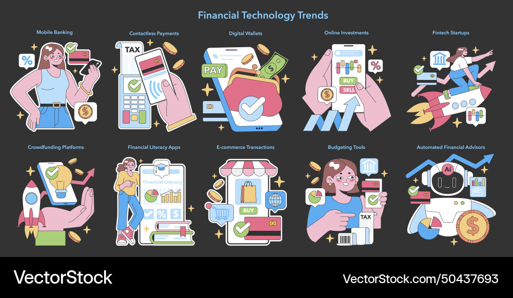 Fintech trends set flat Royalty Free Vector Image Fintech trends set flat Royalty Free Vector Image