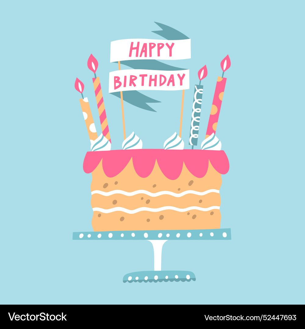 Hand drawn birthday cake with topper Royalty Free Vector