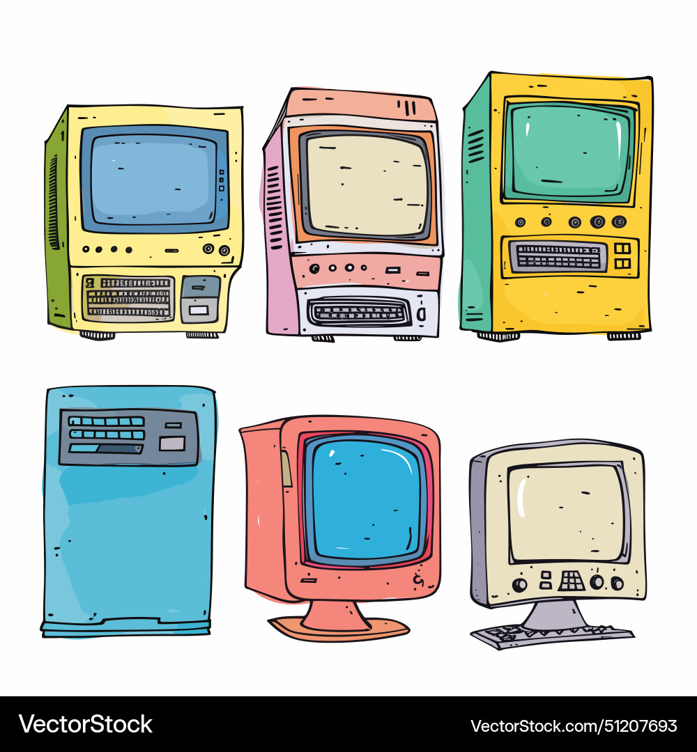 Retro computers monitors 1980s drawn cartoon style