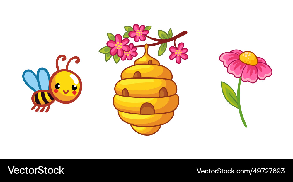 Set of cute bee character hive flower nectar Vector Image
