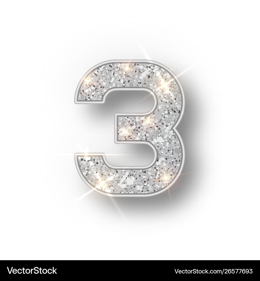 Silver glitter alphabet numbers 3 with shadow Vector Image