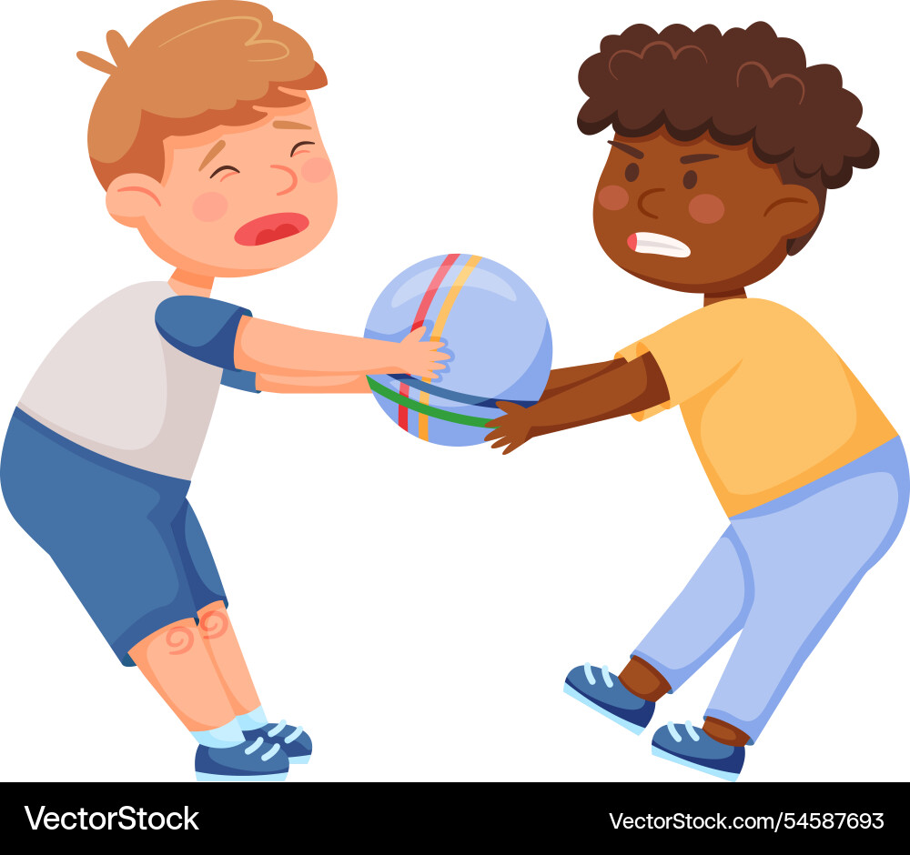 Two boys fighting over a ball one crying while Vector Image