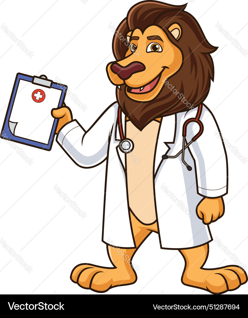 Lion doctor holding report Royalty Free Vector Image