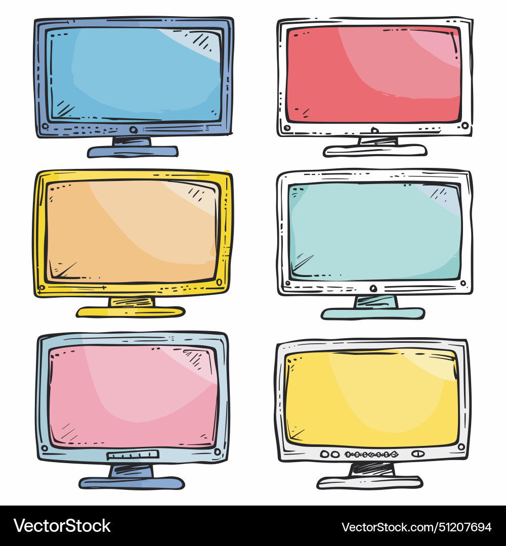 Six colorful cartoon monitors displayed vertically