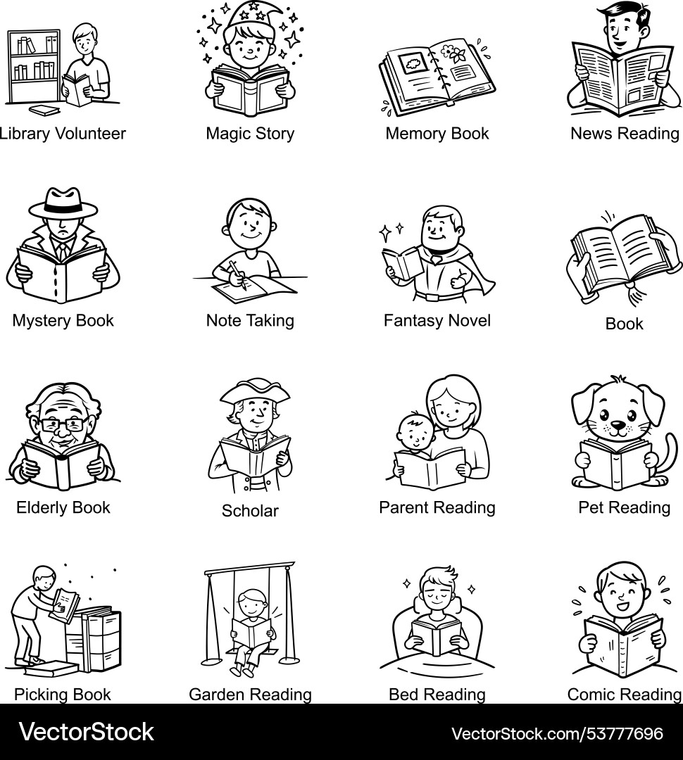 Set of readers doodle style icons Royalty Free Vector Image