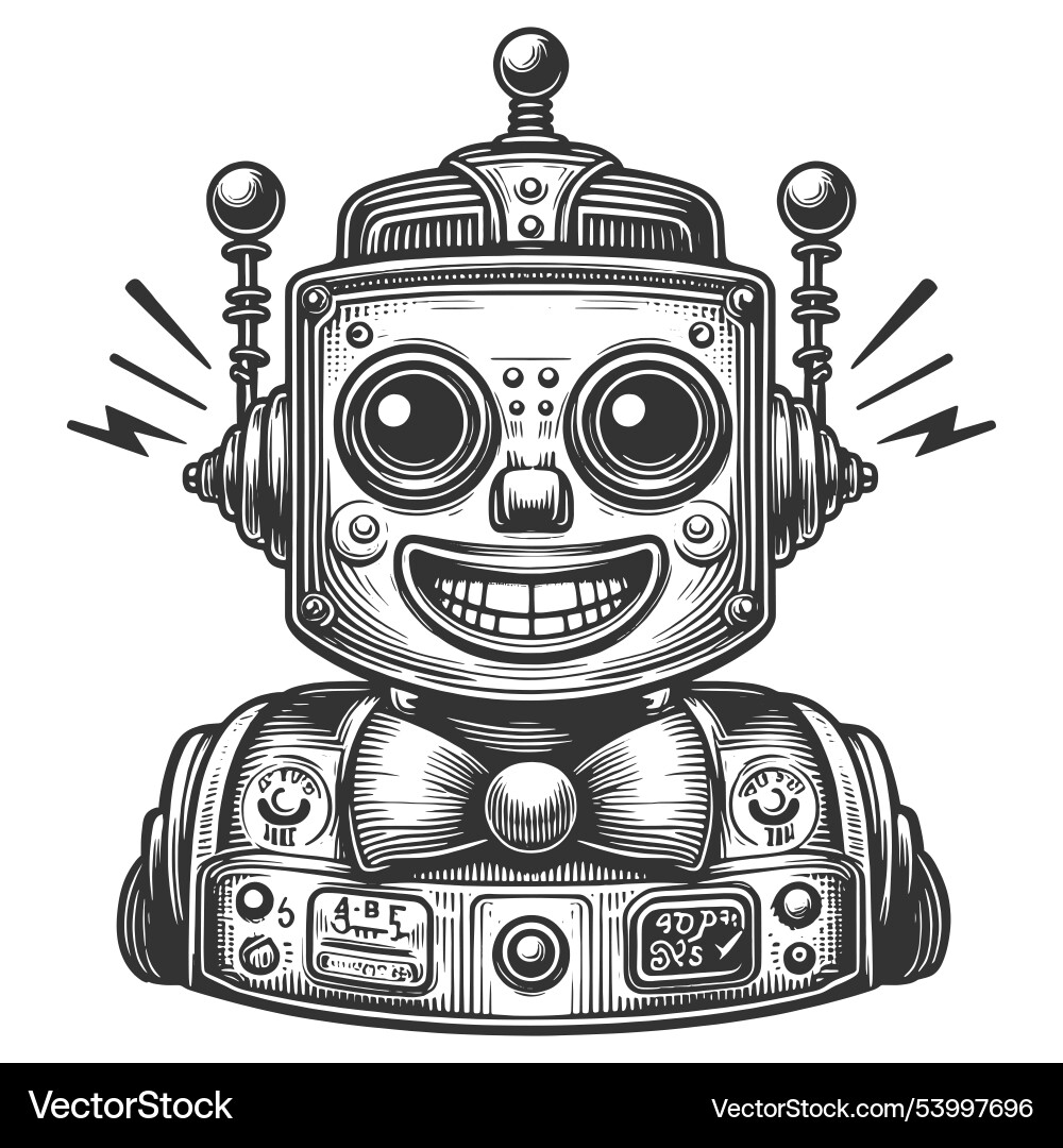 Smiling friendly vintage robot engraving Vector Image