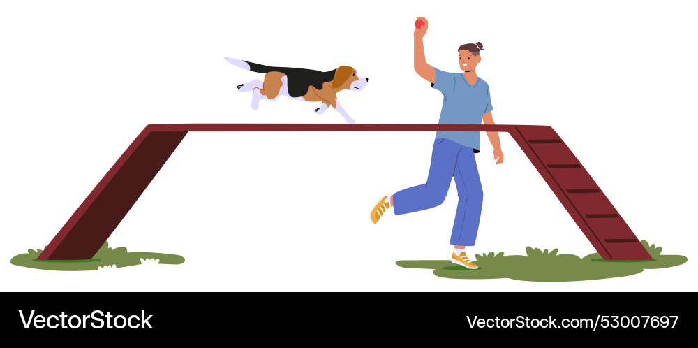 Male character is training a dog outdoors using Vector Image