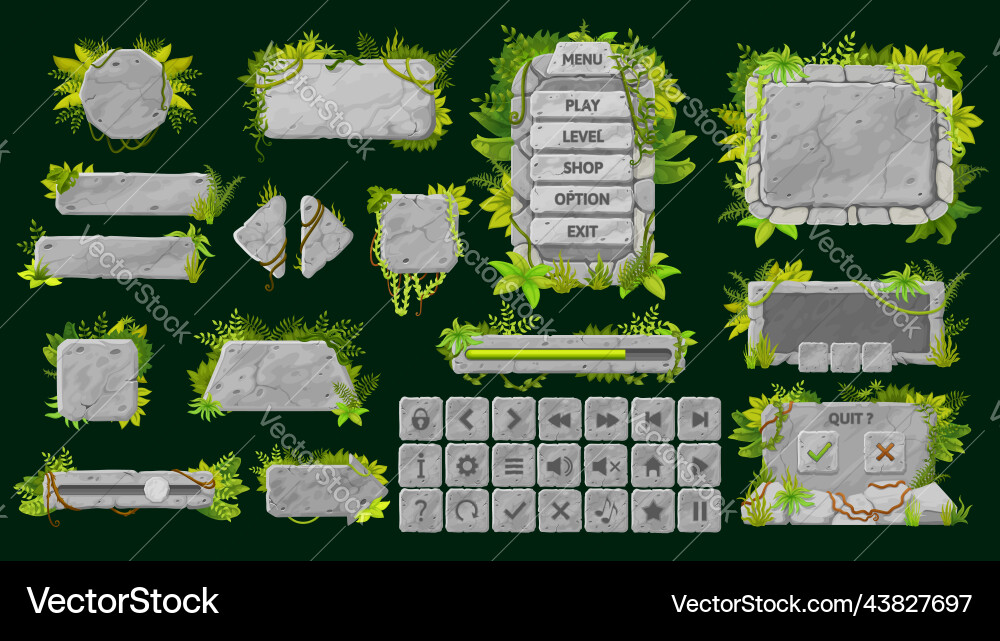 Stone game interface buttons and ui elements Vector Image