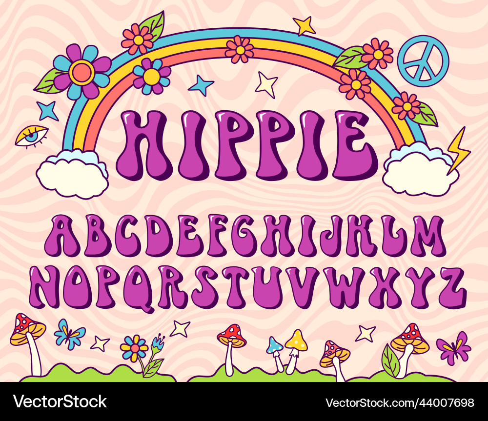 Hippie stylized font groovy alphabet seventies Vector Image