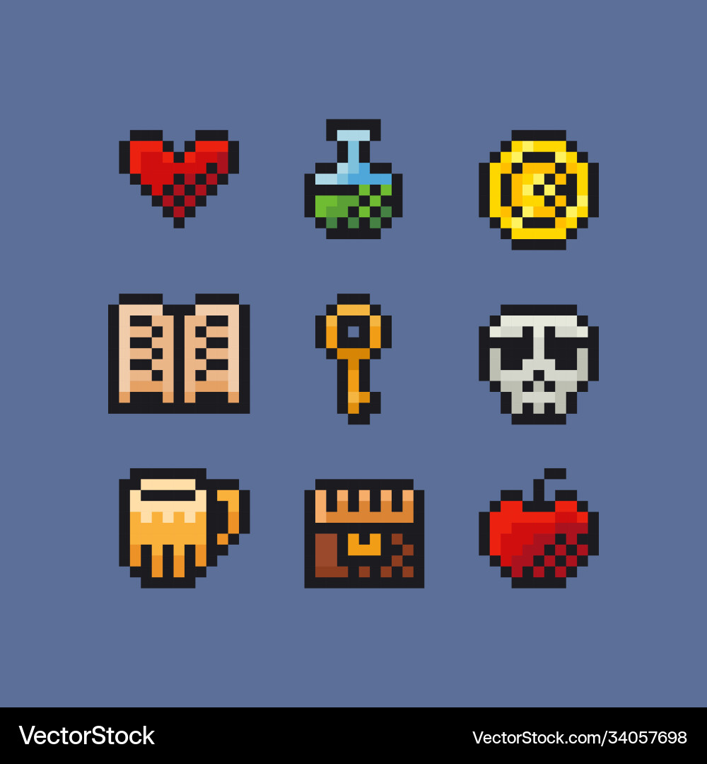 Pixel art icon set - treasure Royalty Free Vector Image