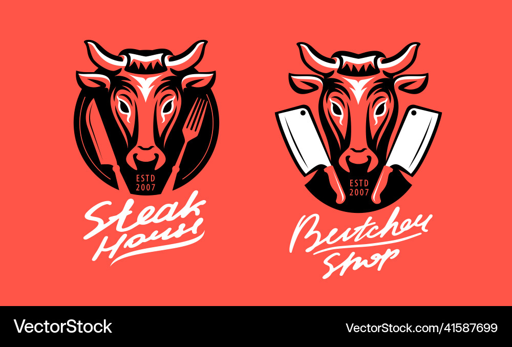 Bull head logo steak beef meat emblems Royalty Free Vector