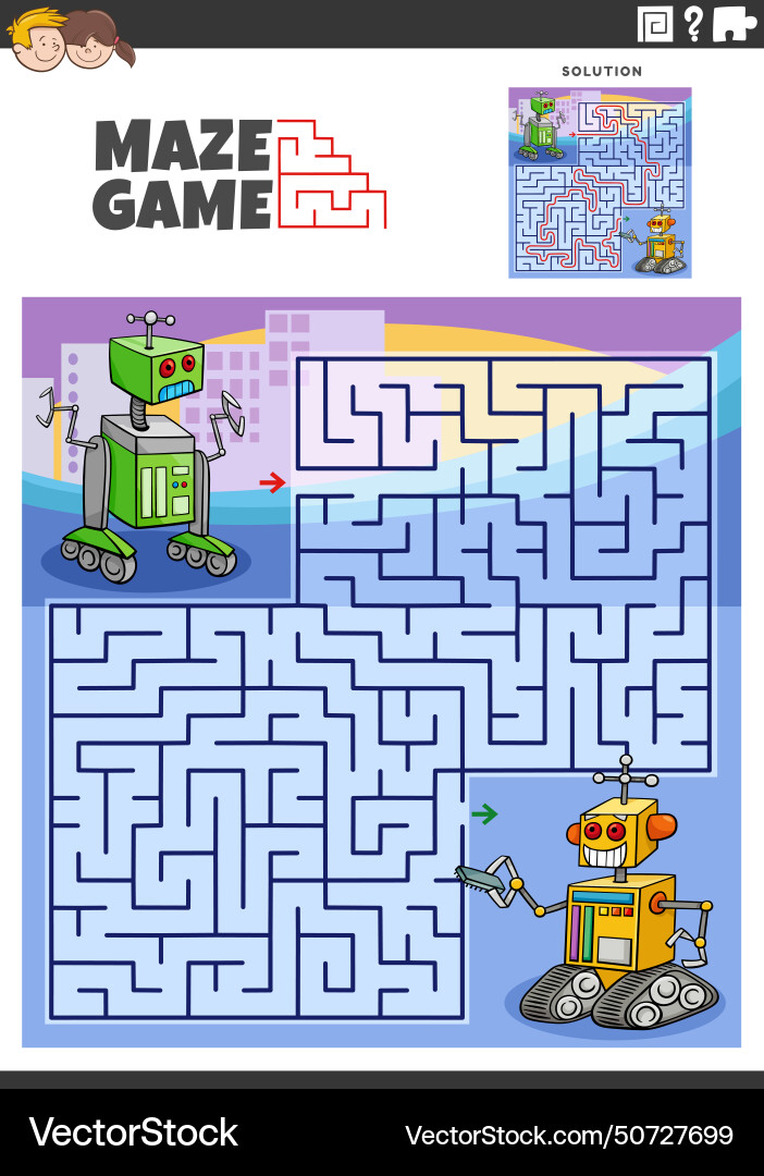 Maze activity with cartoon robots or droids Vector Image