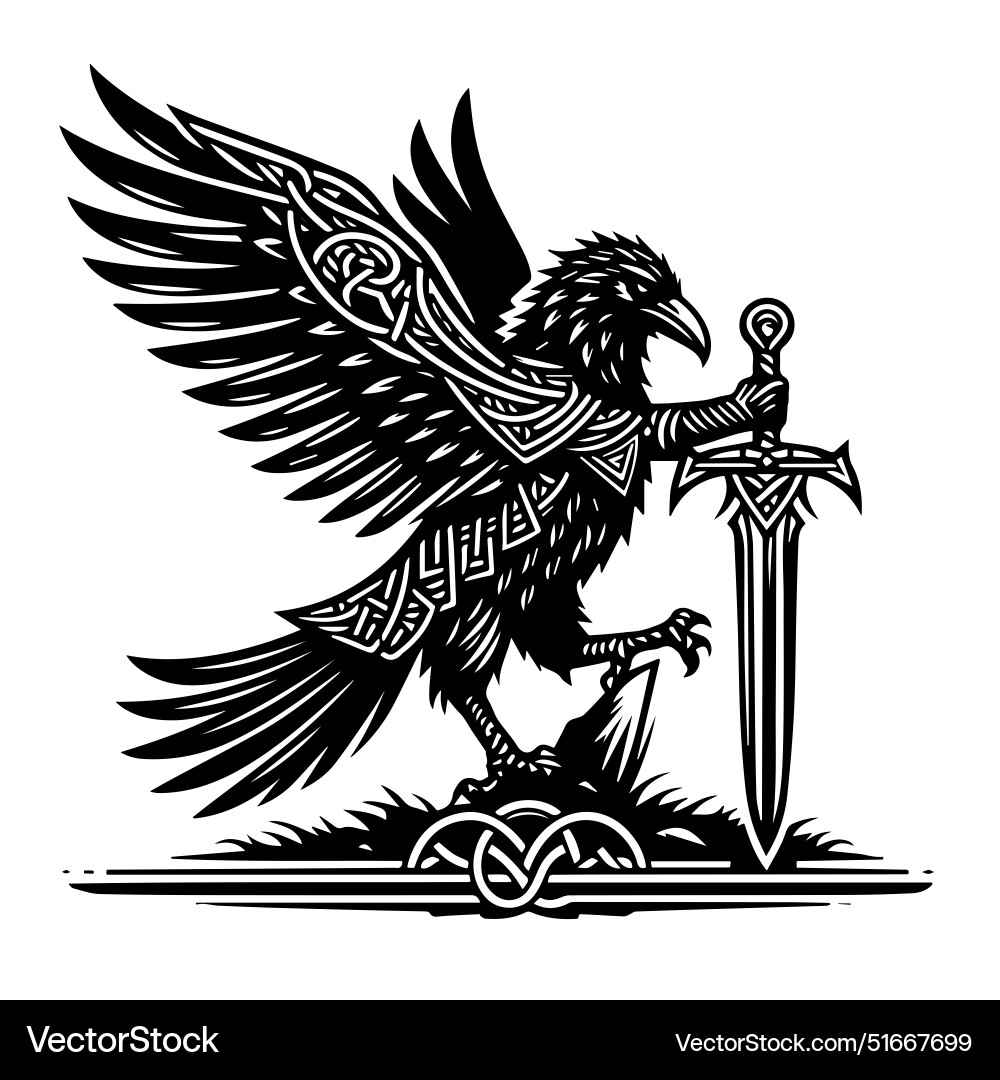 Raven in celtic style with a sword his hands Vector Image