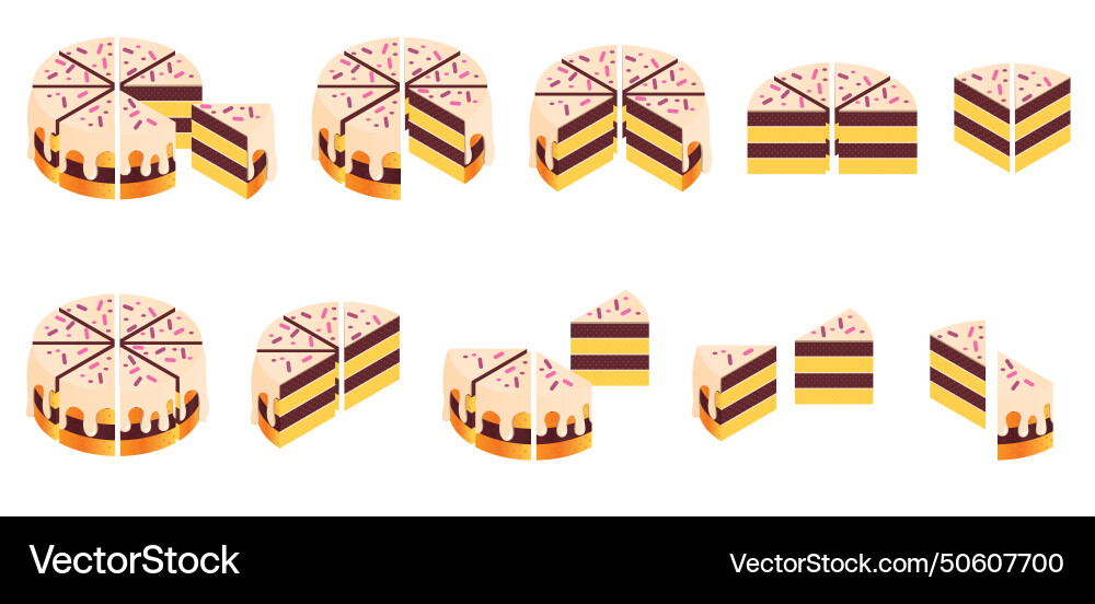 Slicing cake isometric collection Royalty Free Vector Image