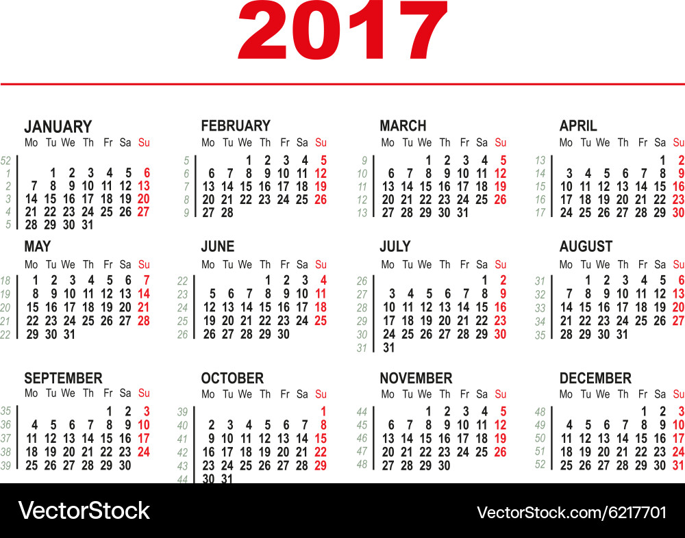 2017 Calendar - Monthly Overview Royalty Free Vector Image