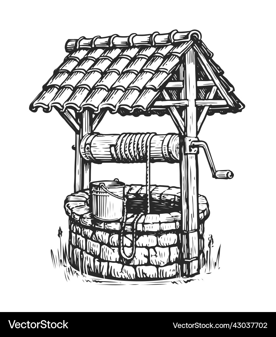 Rustic stone well with bucket and drinking water Vector Image