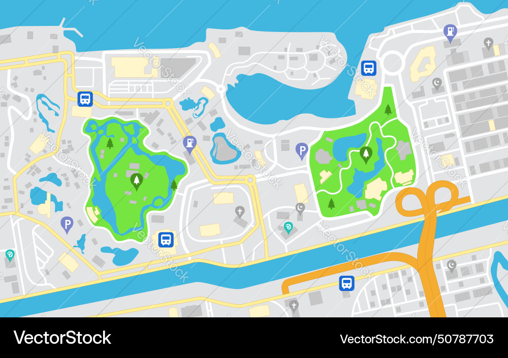 Flat city navigation map streets parks and river Vector Image