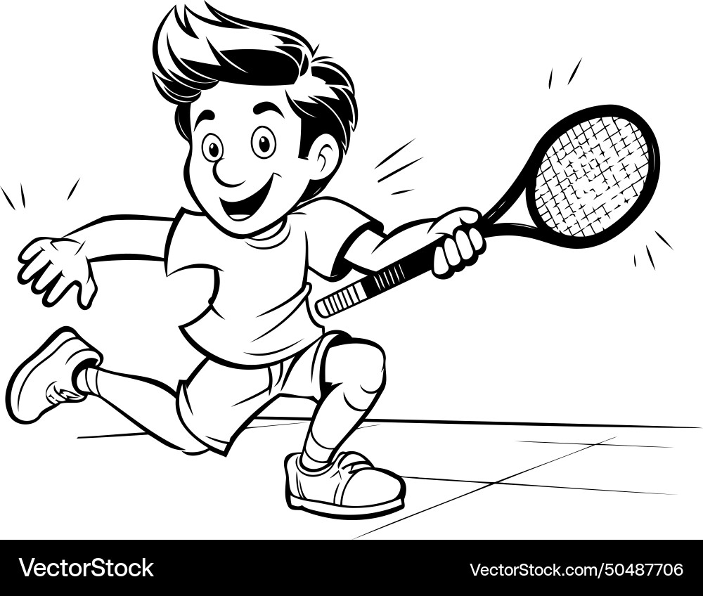 Boy playing tennis black and white Royalty Free Vector Image