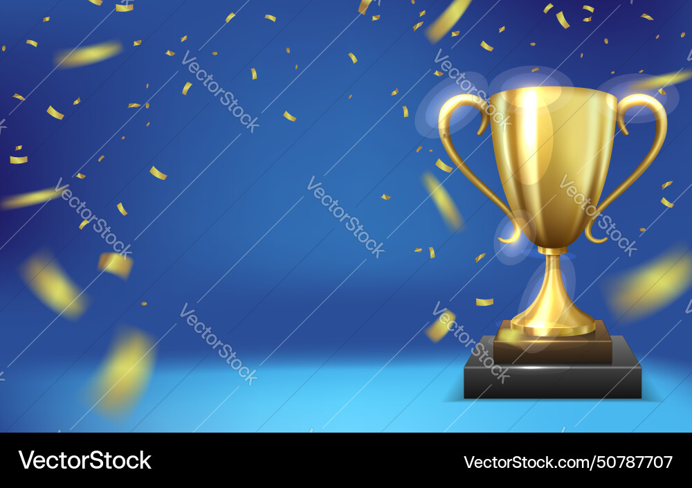 Realistic golden trophy surrounded by falling Vector Image