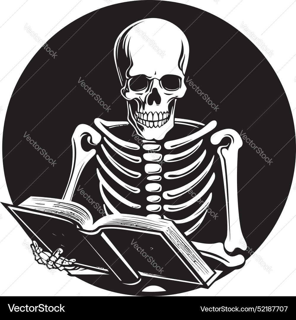 Skull and scrolls skeleton with book black logo Vector Image