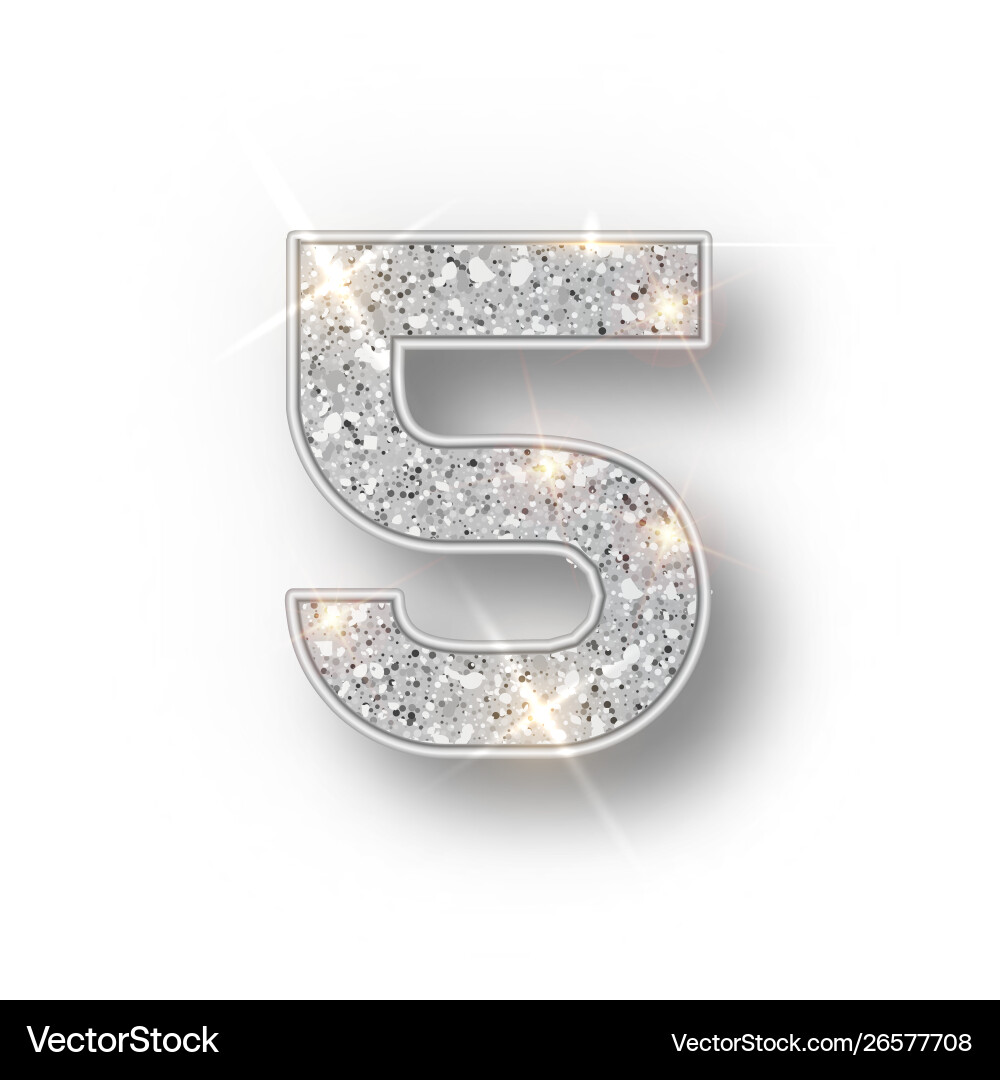 Silber Glitter Alphabet Zahlen 5 mit Schatten Vektorbild
