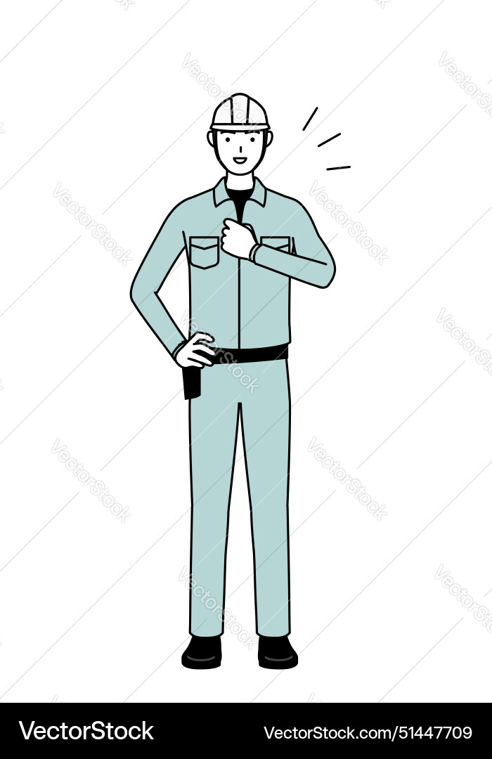 Man in helmet and workwear tapping his chest Vector Image