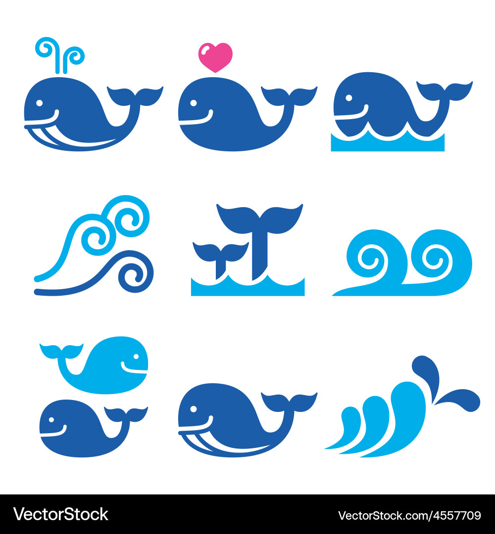 Whale sea or ocean waves blue icons set Royalty Free Vector