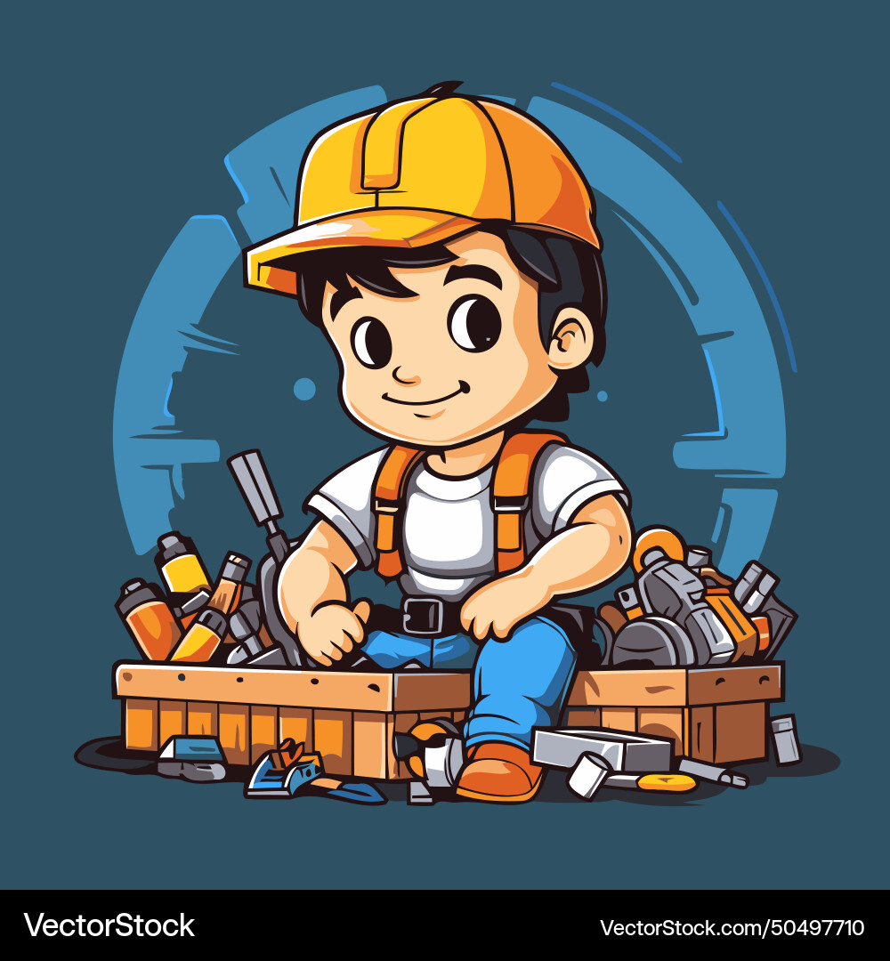 Cute boy construction worker with toolbox cartoon Vector Image