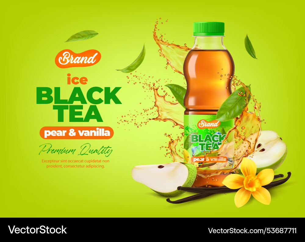 3d realistic black tea bottle with vanilla pear Vector Image