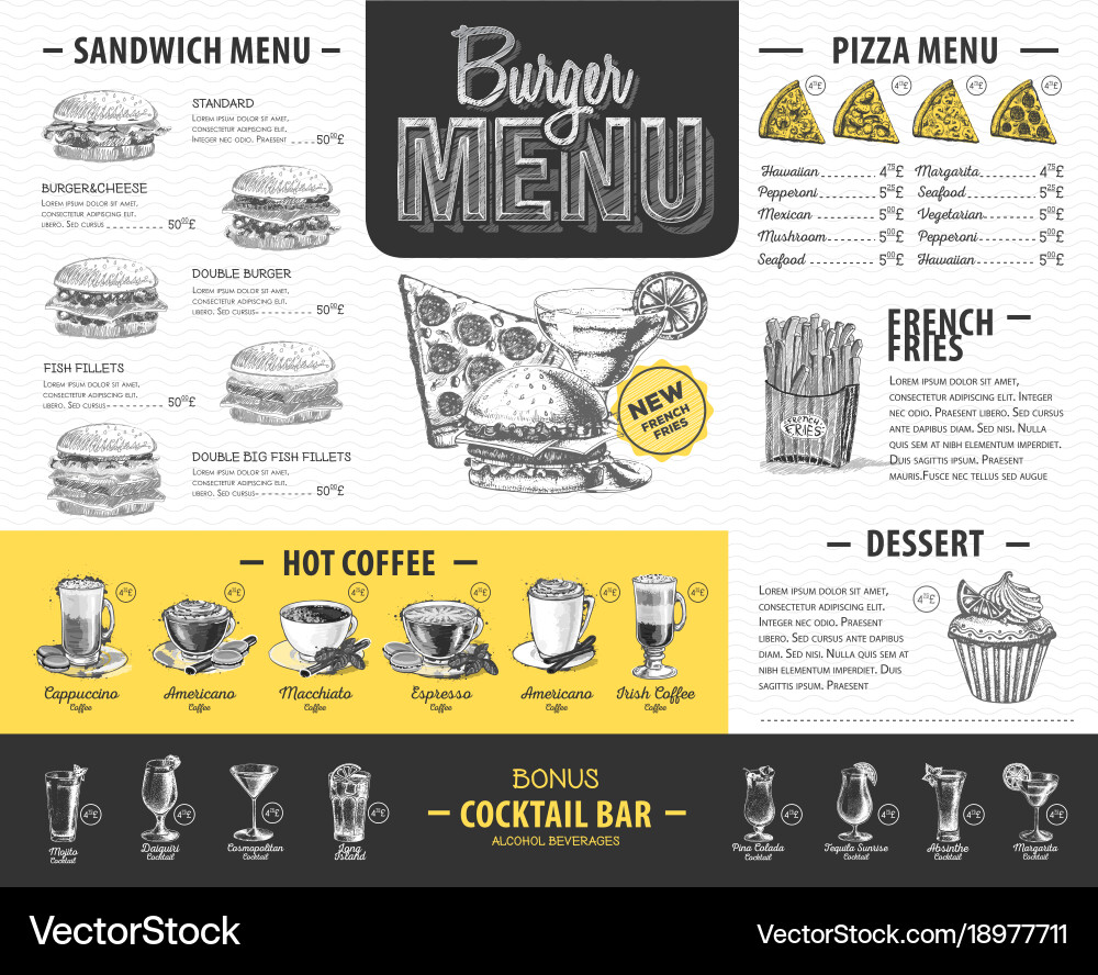 Vintage burger menu design fast food Royalty Free Vector