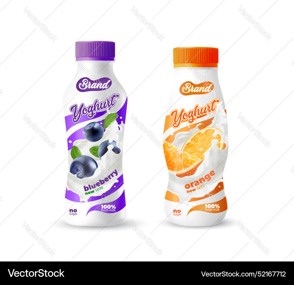 Realistic yoghurt bottle packages with fruits Vector Image
