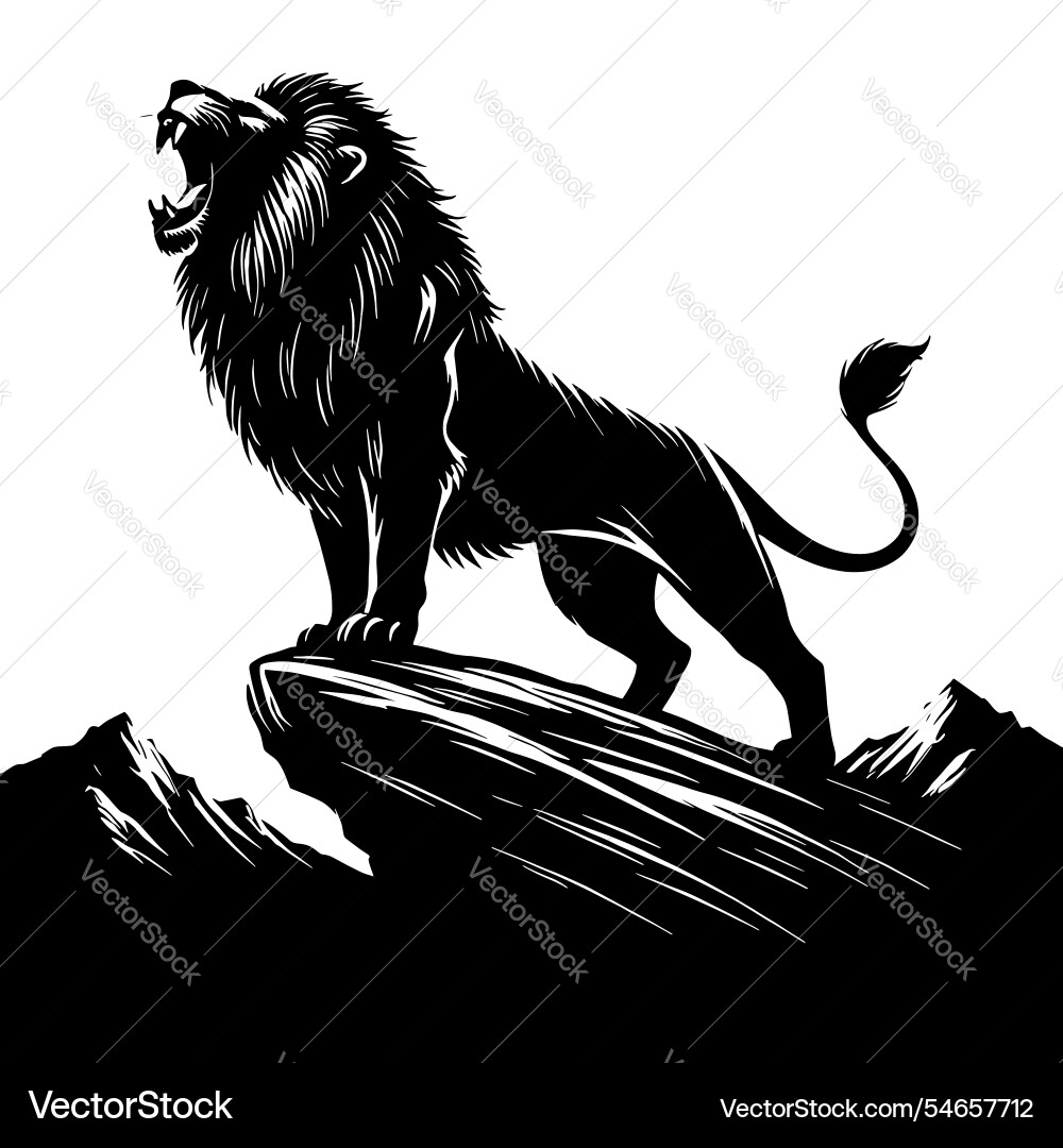 Roaring lion atop mountain peak Royalty Free Vector Image