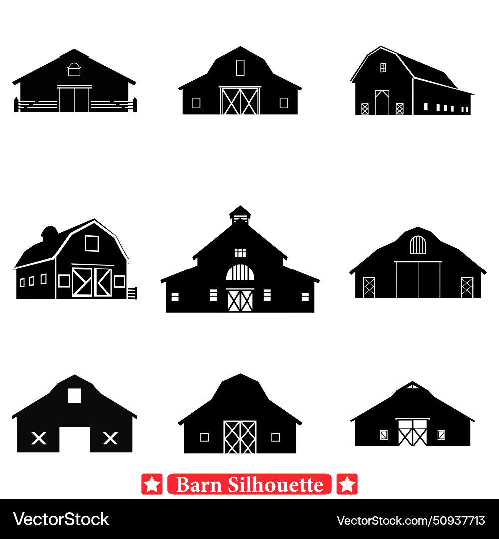 Rustic reverie charming barn silhouette ensemble Vector Image