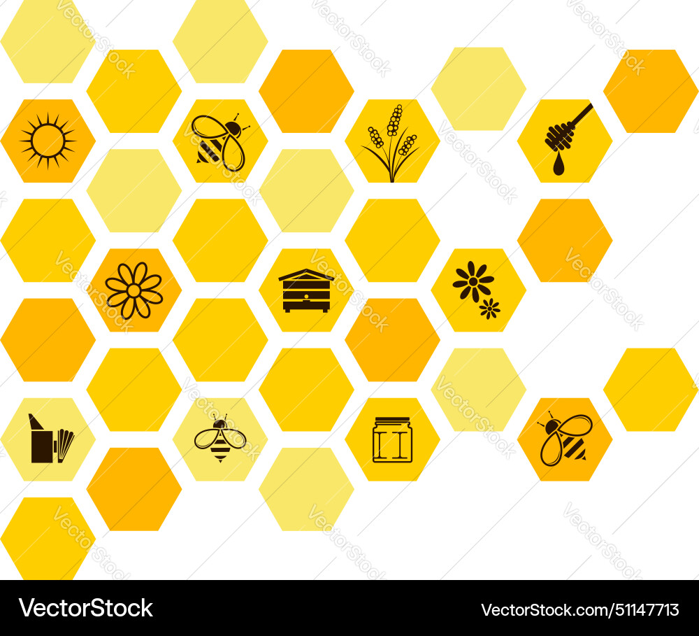 Yellow honeycombs set with beekeeping symbols Vector Image