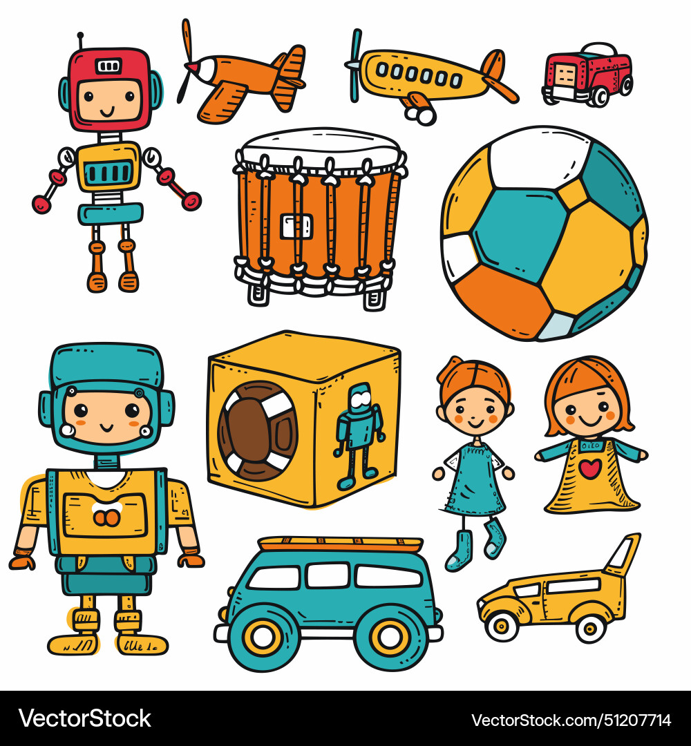 Colorful collection doodle toys play items Vector Image