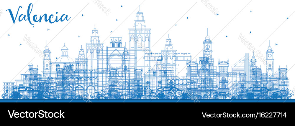 Outline valencia skyline with blue buildings Vector Image
