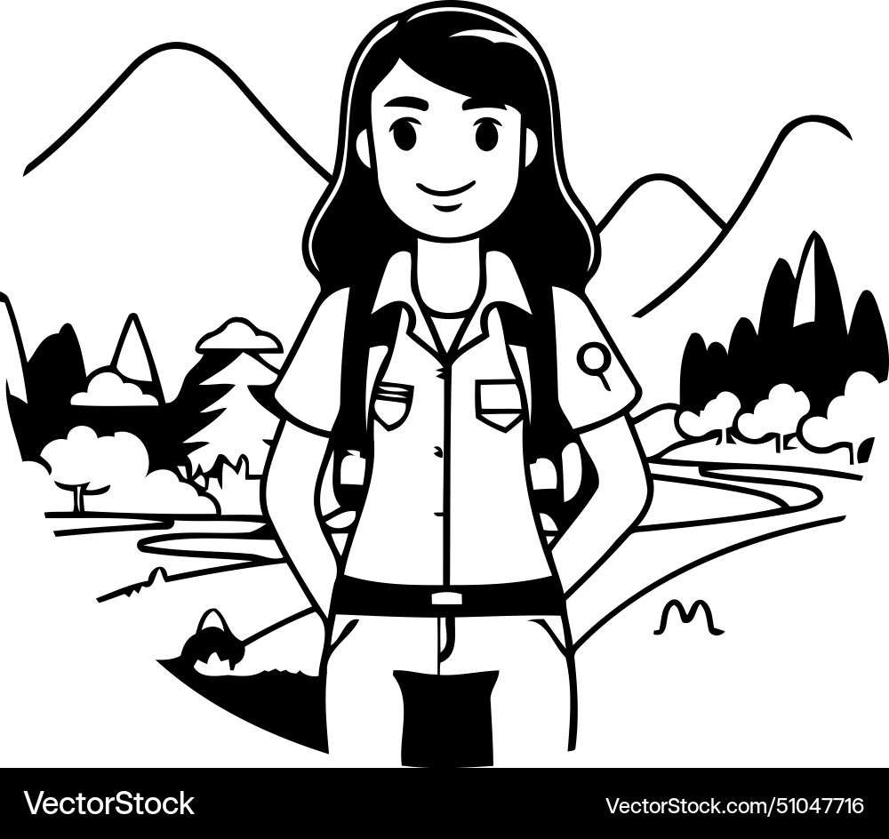 Hiking girl with backpack in a flat style Vector Image