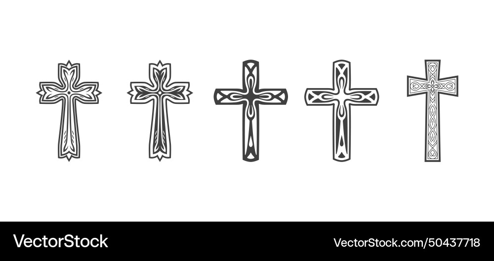Flat black christian cross icons set Royalty Free Vector