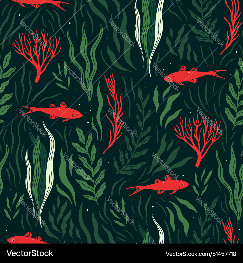 Seamless pattern of dark green algae and red fish Vector Image