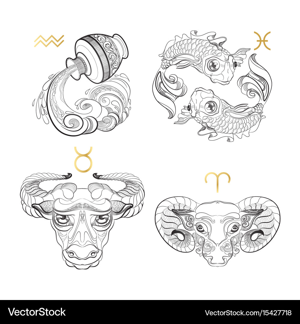 Zodiac Sign Line Art - Aquarius, Pisces, Taurus – Royalty-Free Vector | VectorStock