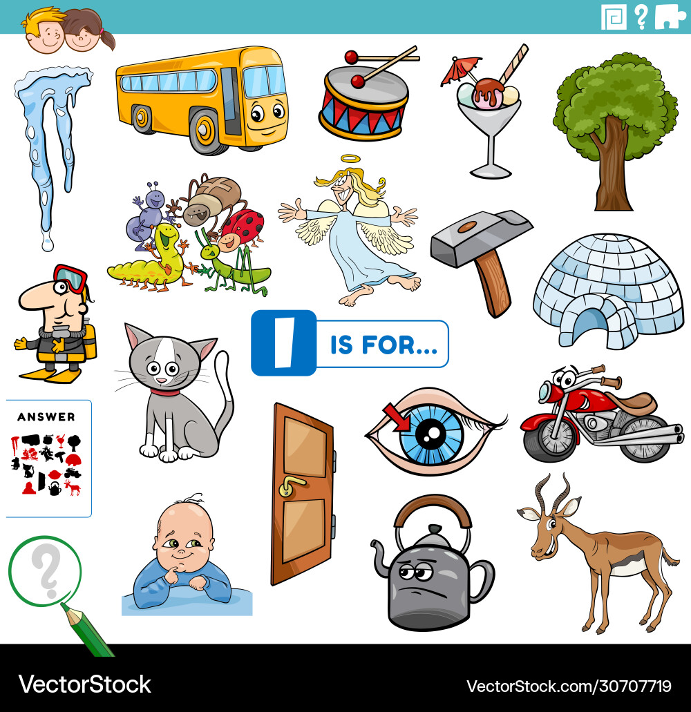 Letter i words educational task for children Vector Image