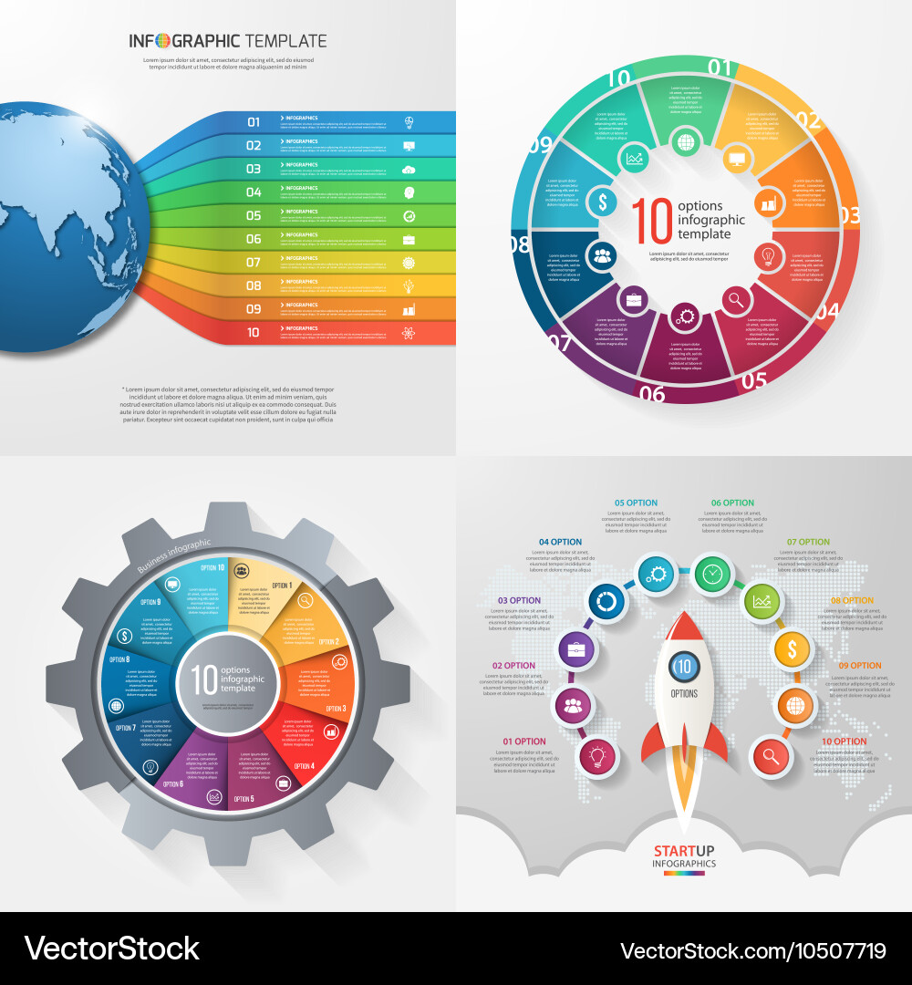 Set of 4 infographic templates with 10 processes Vector Image