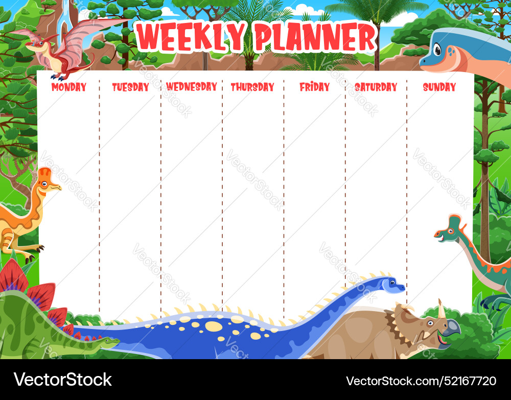 Weekly planner schedule cartoon funny dinosaurs Vector Image