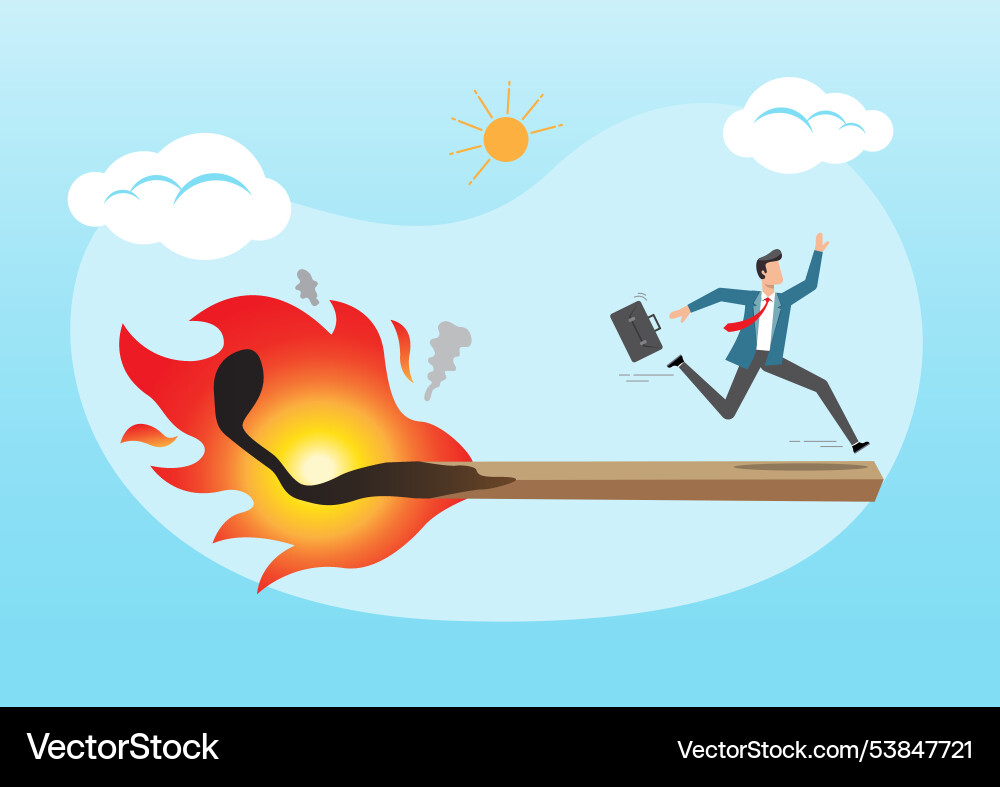 Desperate businessman running away from burning Vector Image